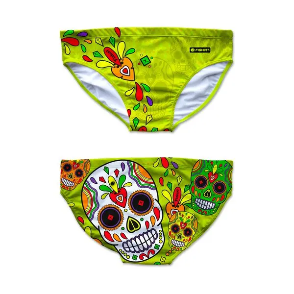 FISHIRT Swim Briefs Mexican Skull Graphic Muertos Style Yellow - Black