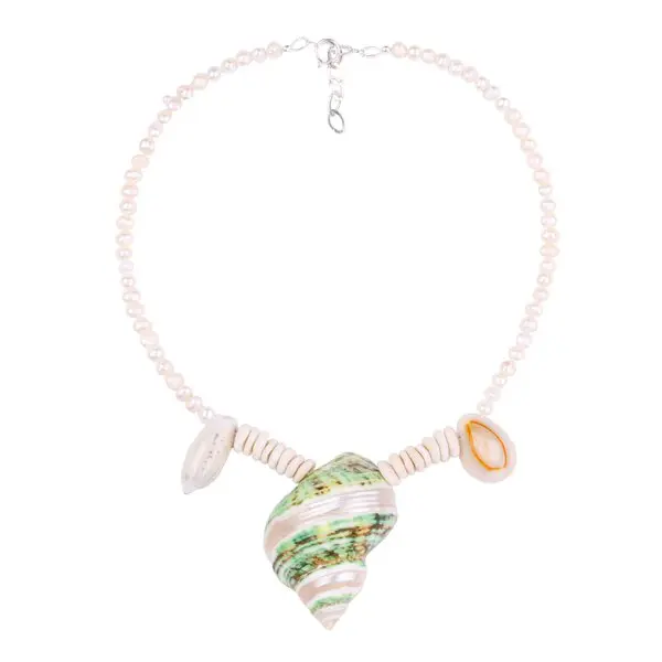 Oana Savu Green / White Beach Summer Holiday Necklace Sea Shell Pendant Freshwater Pearls Sterling Silver - Green/white