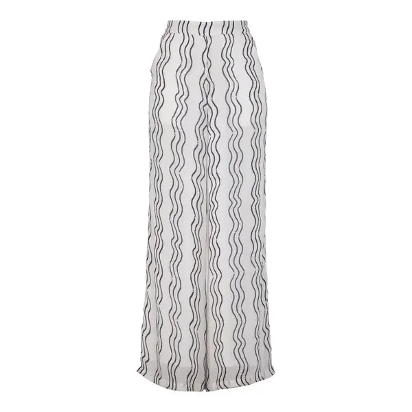 ROSE & NANCY Corinne Cream Waves Print Lace Trim Wide Leg Trousers - White