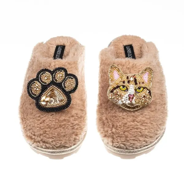 LAINES LONDON Neutrals Teddy Closed Toe Slippers With Tabby Cat & Paw Brooches Toffee - Brown