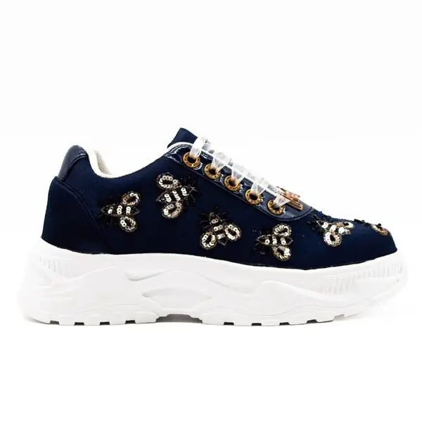 RETTROSE Kennedy Luxury Navy Satin Handmade Embellished Trainer - Blue