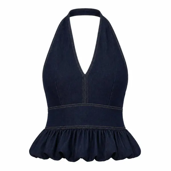 Carmen Says Denim Fawn Balloon Halter Top - Blue
