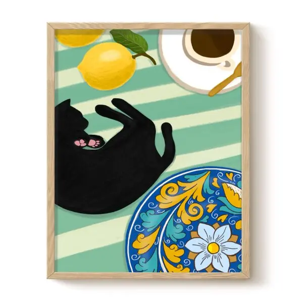 THE PAPER TAIL Coffee And Lemons Cat Art Print A3 - Brown