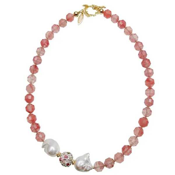 FARRA Watermelon Quartz With Baroque Pearls Statet Necklace - Pink