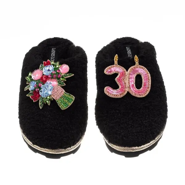 LAINES LONDON Teddy Closed Toe Slippers With 30th Birthday & Flowers Brooches - Black