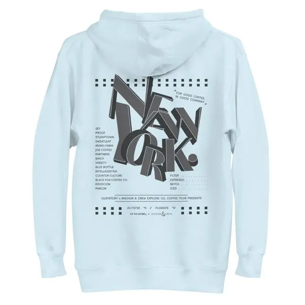 ANCHOR & CREW Sky Gustatory New York Coffee Scene Cotton Blend Embroidered Hoodie - Blue