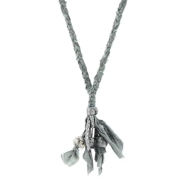 ANCHOR & CREW Jasper Marcus Silver, Stone & Braided Cotton Voile Skinny Necklace X Wrap Bracelet - Grey