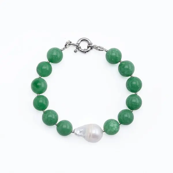 SILVER MOON Green / White / Silver Sterling Silver Bracelet Green Whisper With Green Gemstones And Baroque Pearl - Green/white/silver