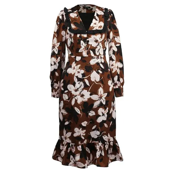 SMART AND JOY Ruffle Collar Macro Flower Print Dress Coffee - Brown
