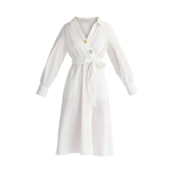 PAISIE Wrap Midi Shirt Dress With Metallic Button Details - White