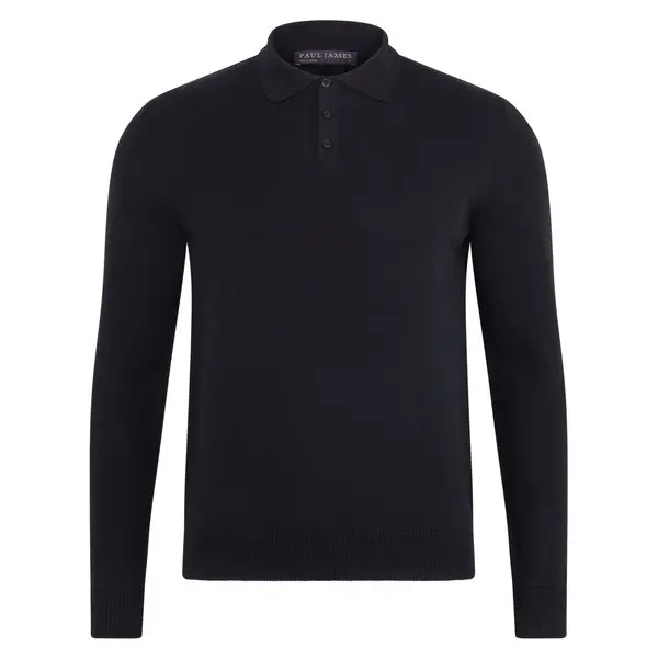 PAUL JAMES KNITWEAR Extra Fine Merino Wool Turner Long Sleeve Polo Shirt - Black