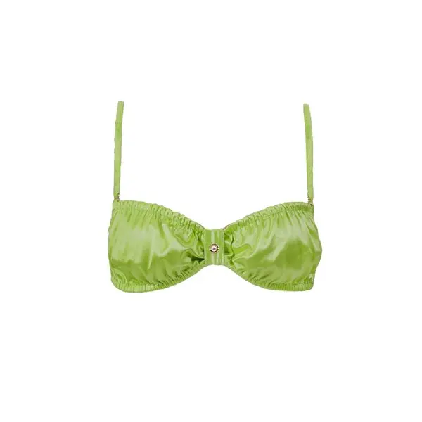 DECOLET THE LABEL Luna Ruched Satin Bikini Top In Chartreuse - Green