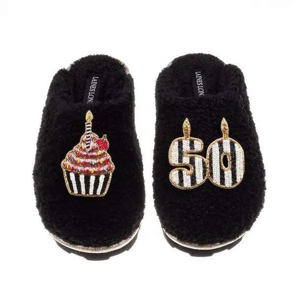 LAINES LONDON Teddy Closed Toe Slippers With Stripe 50th Birthday & Brooches - Black