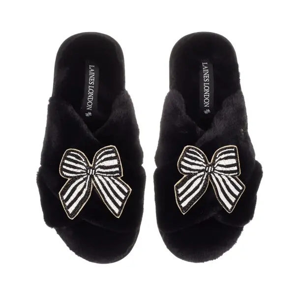 LAINES LONDON Classic Faux Fur Slippers With Stripe Bow Brooches - Black
