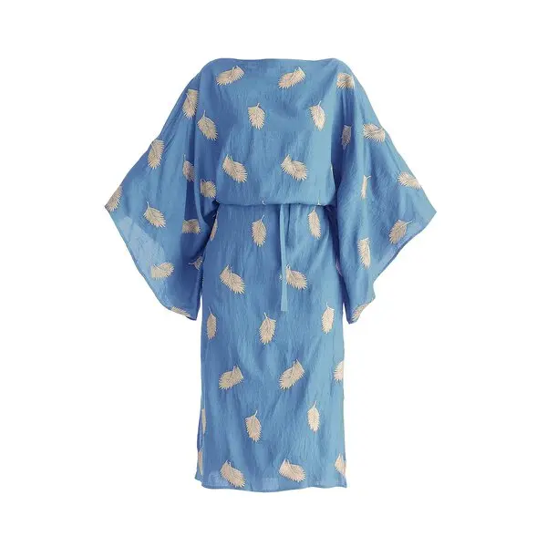PAISIE Leaf Embroidered Kimono Sleeves Midi Dress - Blue