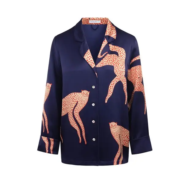 POLA Blue / Red ’s Long-sleeve Silk Pyjama Shirt| Leopard Print - Blue/red