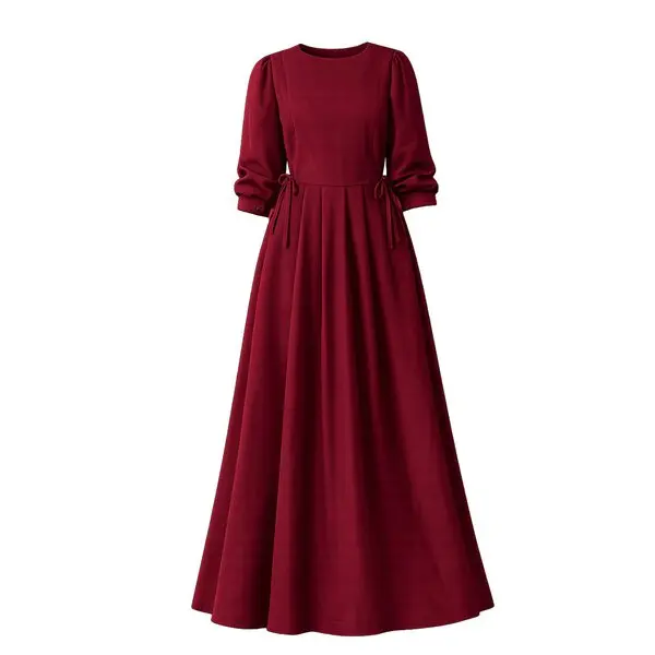 NIKKA PLACE Long Linen Formal Dress With Bracelet Sleeves In Burgundy Color - Red