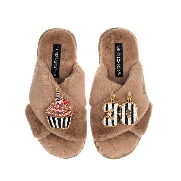 LAINES LONDON Classic Faux Fur Slippers With Cupcake And '30' Brooches - Brown