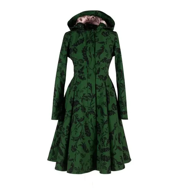 RAINSISTERS Green / Black Dark Green Hooded Waterproof Coat : Forest Flower - Green/black
