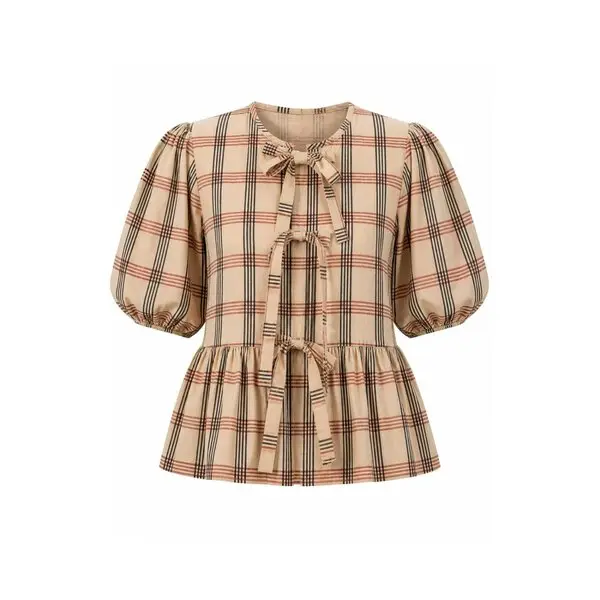 CHARKHA & LOOM Neutrals Venus Gingham Peplum Tie Top - Beige/black/red