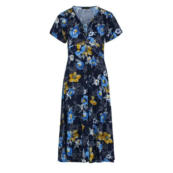 CONQUISTA Print Navy Knot Detail Midi Dress - Blue