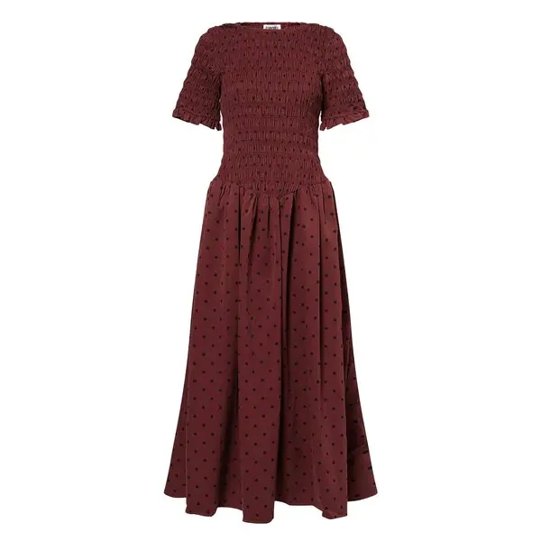 AMY LYNN Beatrix Smocked Plum Polka Dot Midi Dress - Red