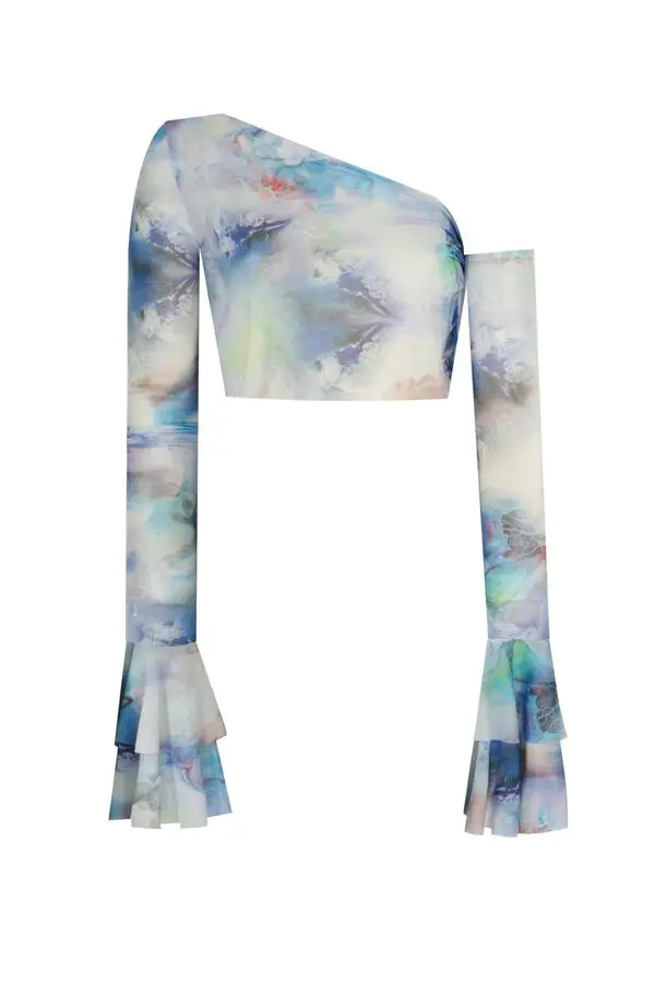 NO'DESIGN Sheer Crop Top With Ruffled Sleeves - Blue