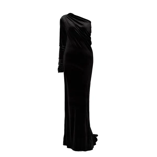 LIA ARAM Asymmetric Velvet Gown With Train - Black