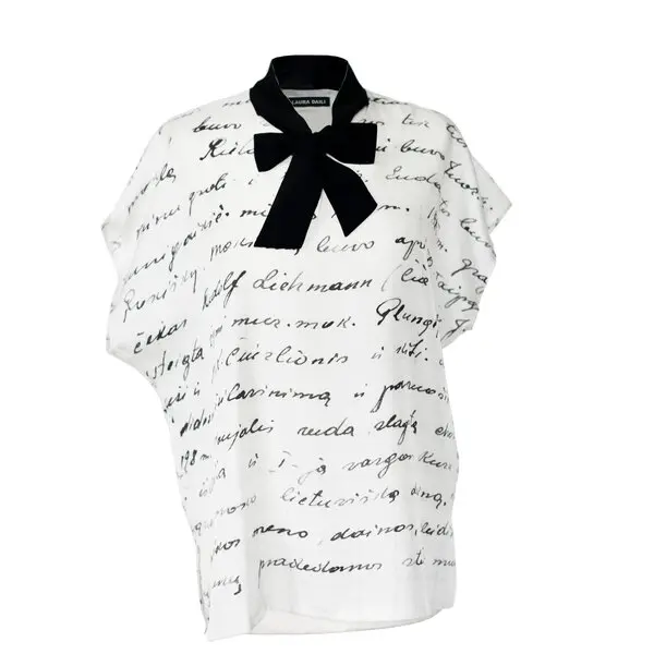 LAURA DAILI Black / White Timeless Script Silk Blouse - Black/white