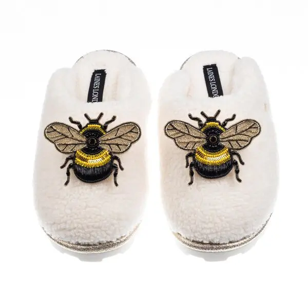 LAINES LONDON Neutrals Teddy Closed Toe Slippers With Double Honeybee Brooches Cream - White