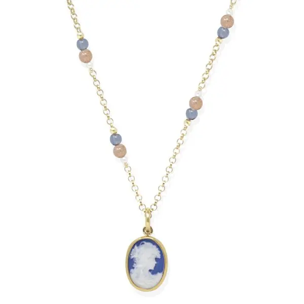 VINTOUCH ITALY Blue / Gold / Pink Little Lovelies Gold-plated Blue Cameo Necklace - Blue/gold/pink