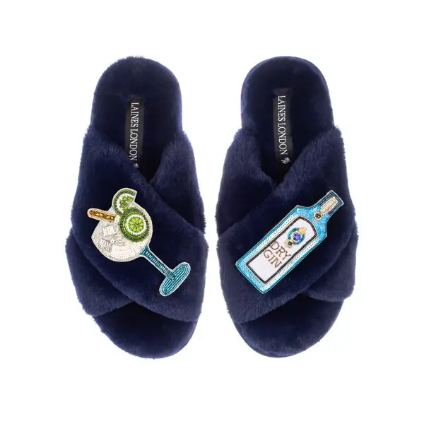 LAINES LONDON Embellished Faux Fur Cross Strap Slippers - Blue