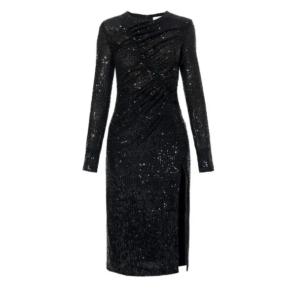 AGGI BY HALEWSKI Madlen Sparkle Sequined Midi Dress With Long Sleeve - Black