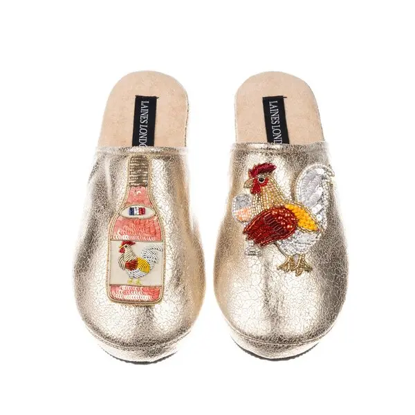 LAINES LONDON Softie Slippers With Chicken Wine Brooches - Gold