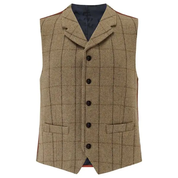 GUARDS LONDON Sherwood Tweed Wool Waistcoat Tan Windowpane - Yellow