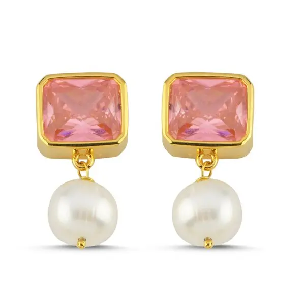 LINYA JEWELLERY Small Pearl Crystal Stone Earring - Pink