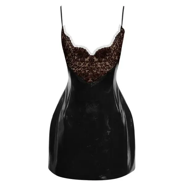 MISS CIRCLE NEW YORK Shelby Vegan Leather With Lace Mini Dress - Black