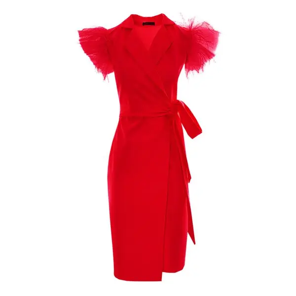 CONCEPT A TROIS Short Wrap Blazer Dress With Winged Tulle Sleeves - Red
