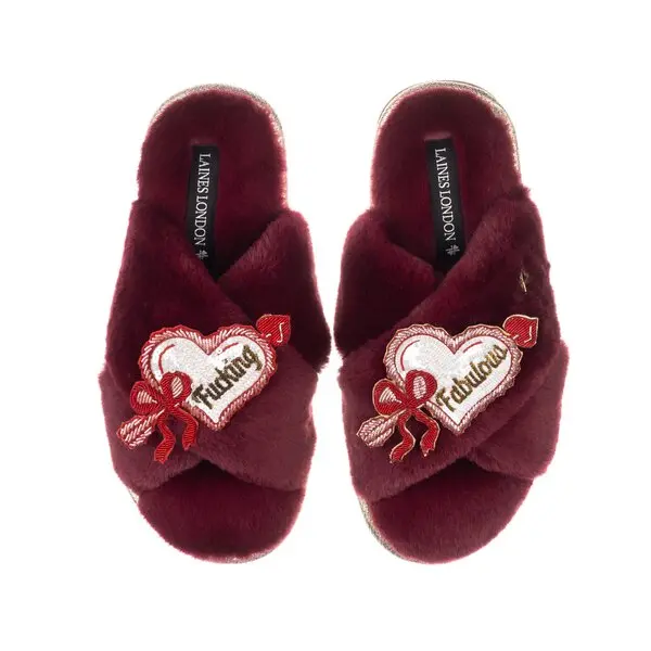 LAINES LONDON Classic Laines Slippers With Fucking Fabulous Hearts Brooches Limited Edition Burgundy - Red