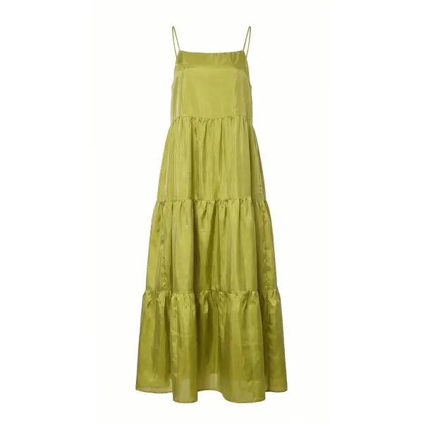 SILK AND BEARS Valentina Olive Gold Habotai Silk Tiered Maxi Dress - Green
