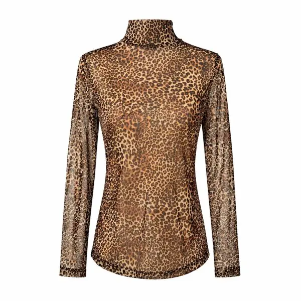 OH!ZUZA NIGHT&DAY Brown / Black Sheer Leopard Print Mesh Turtleneck Top - Brown/black