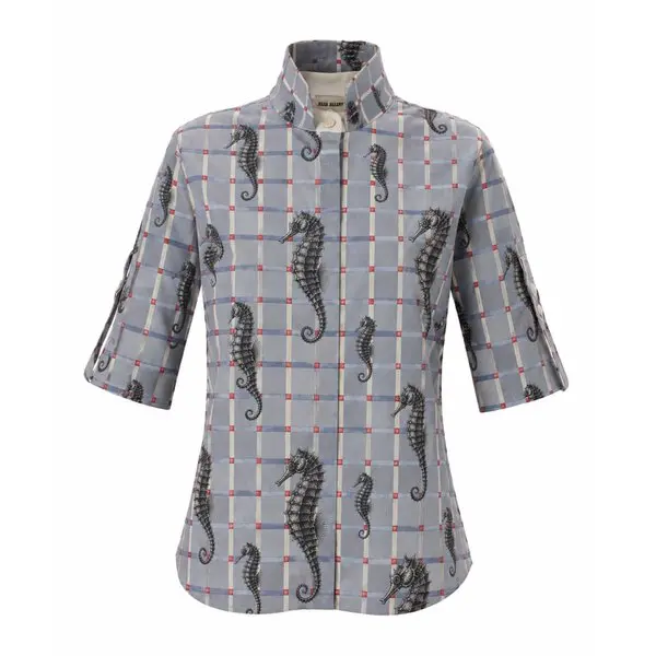 JULIA ALLERT Stand Collar Short Sleeve Blouse Pale Seahorse Check Print - Blue