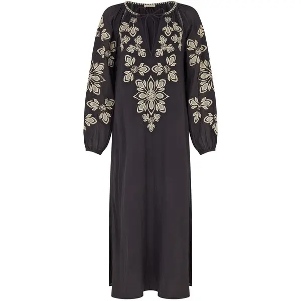 RAFFYA Aurelia Kaftan Style Embroidered Maxi Dress - Black