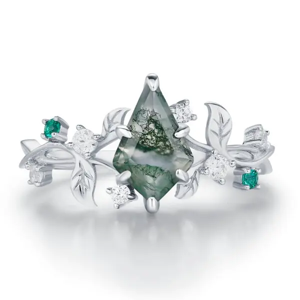 AZURA JEWELRY NEW YORK Secret Garden Moss Agate Emerald Ring White Gold Vermeil - Silver