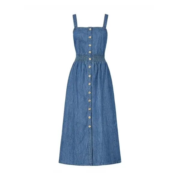 YUMI Chambray Cotton Ruched Midi Sun Dress - Blue