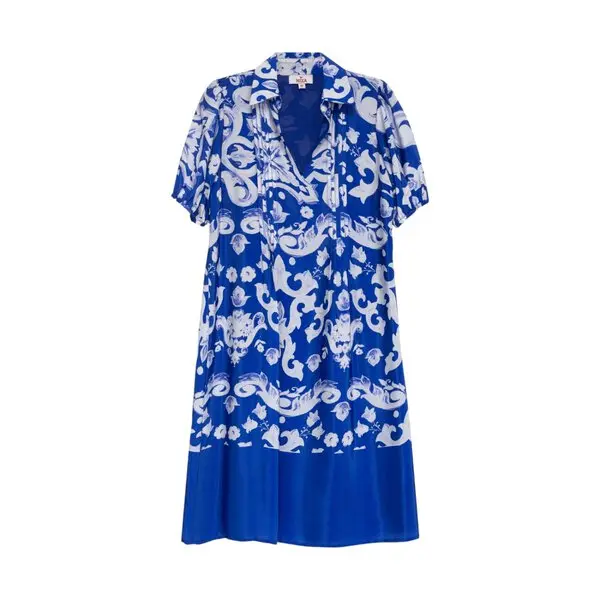 NIZA Long Printed Dress With Round Neckline - Blue