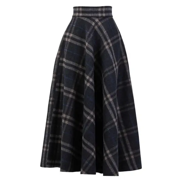 NIKKA PLACE Wool Tartan Floor Length Skirt With High Waist And Pockets In Plaid Colour - Brown