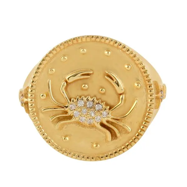 ARTISAN White / Yellow Diamond Cancer Zodiac Signet Ring In 14k Yellow Gold - White/yellow
