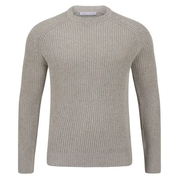 PAUL JAMES KNITWEAR Heavyweight Cotton Clark Fisherman Rib Knit Jumper Grey Nepp - Gray