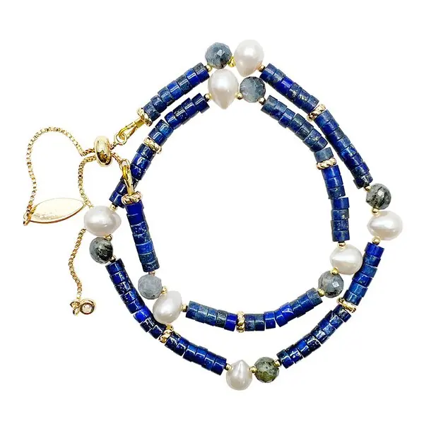 FARRA Lapis With Teardrop Freshwater Pearls Double Layers Bracelet - Blue